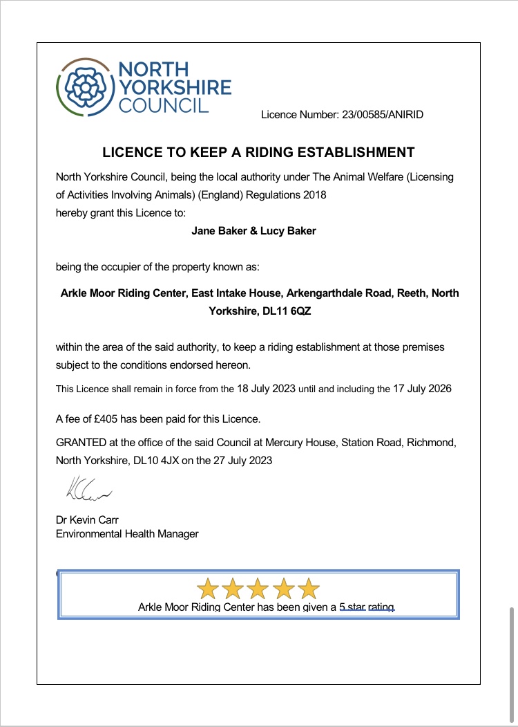 Riding Centre License – Arkle Moor Riding Centre